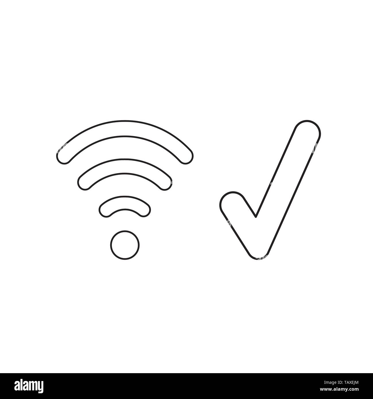 Vector icon concept of wireless wifi symbol and check mark. Black ...