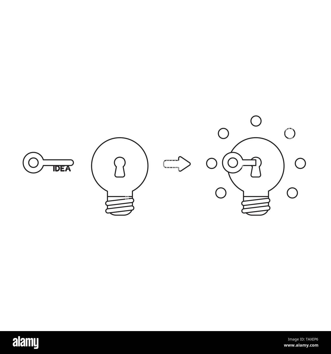 Vector icon concept of idea key into light bulb keyhole. Black outlines ...