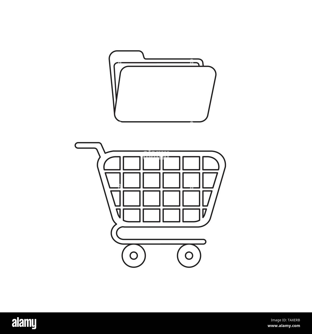 Vector icon concept of shopping cart with opened folder. Black outlines ...