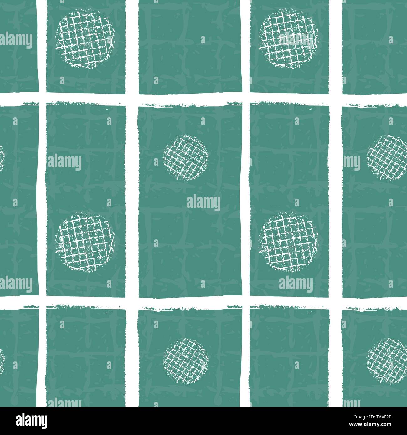 Abstract block print textured white circles and grunge striped grid design. Seamless vector ...