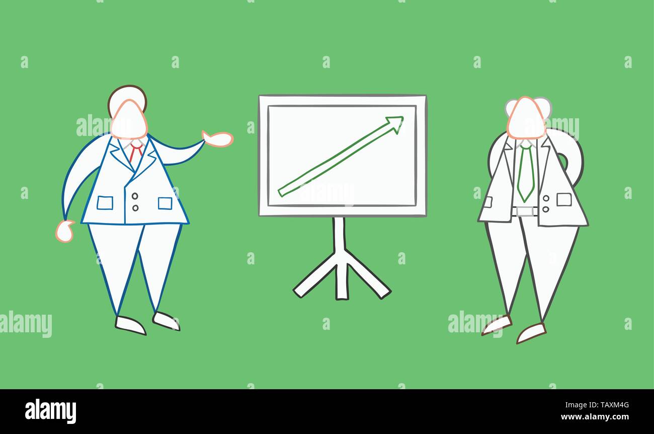 Hand-drawn vector illustration businessman worker showing sales chart ...