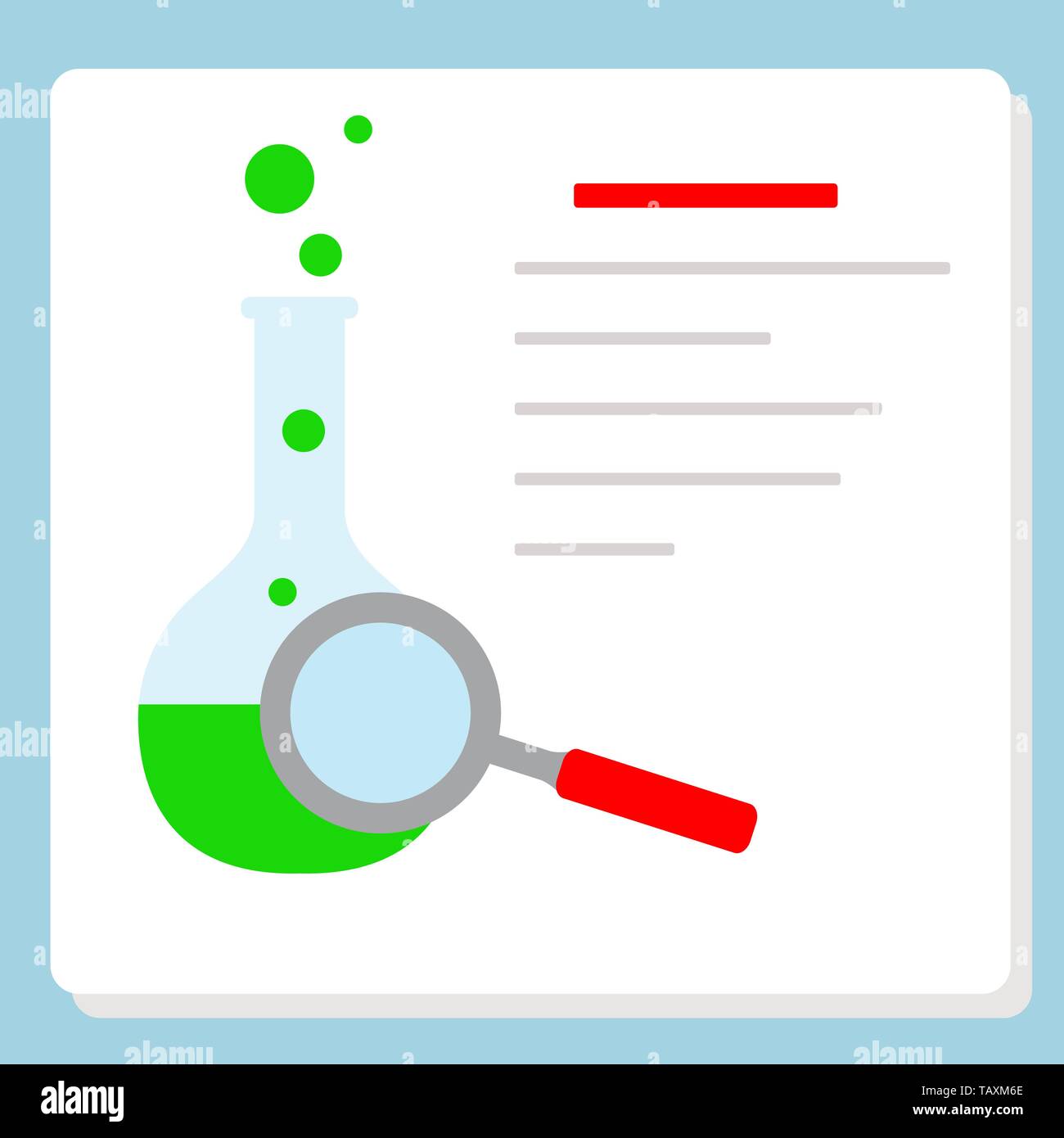 Vector illustration with flask with bubbles, magnifier. Print with ...