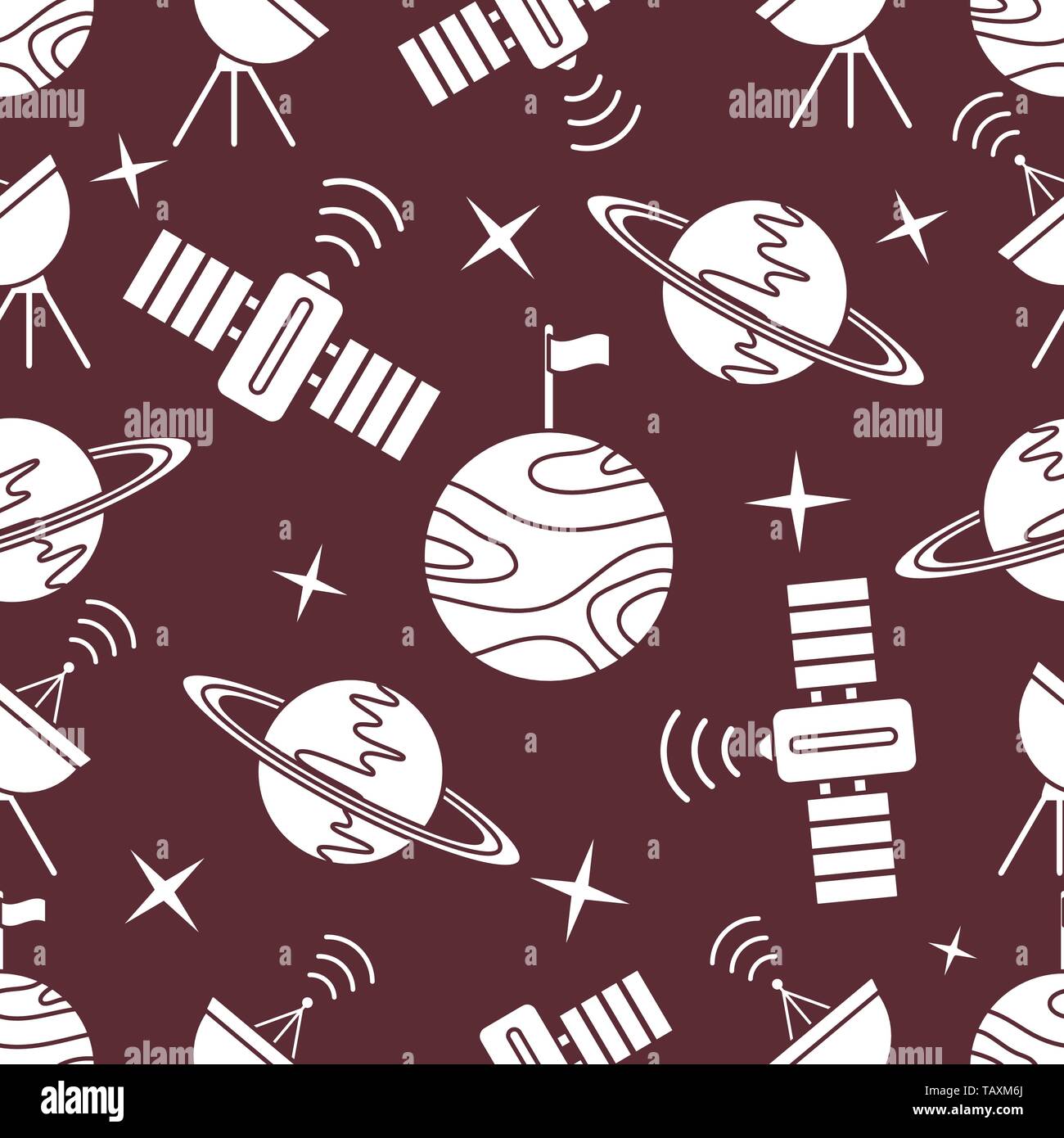 Seamless vector pattern with planets, Saturn, stars, orbital station ...