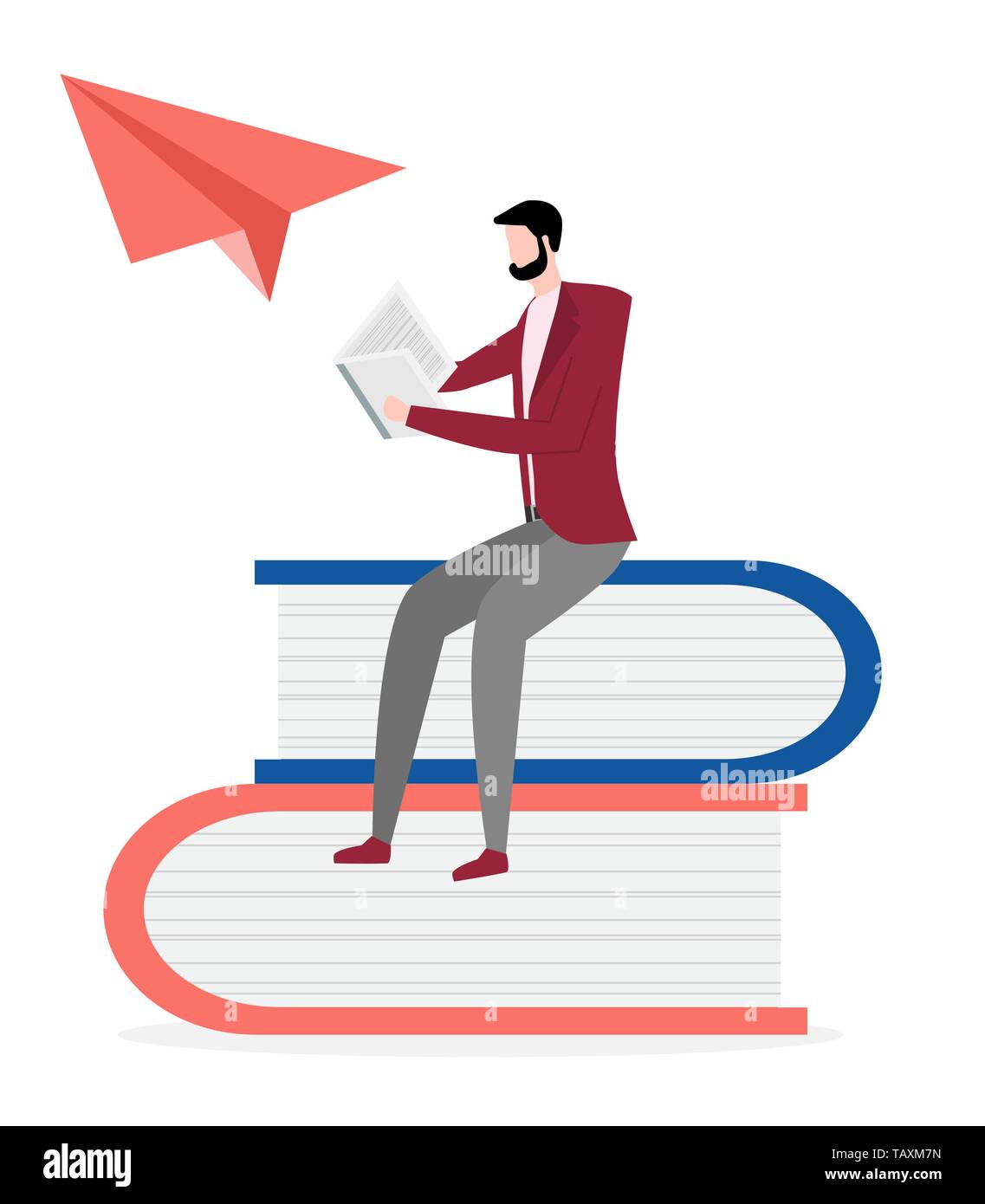 Vector illustration with man and books. Male reader, stack of giant ...