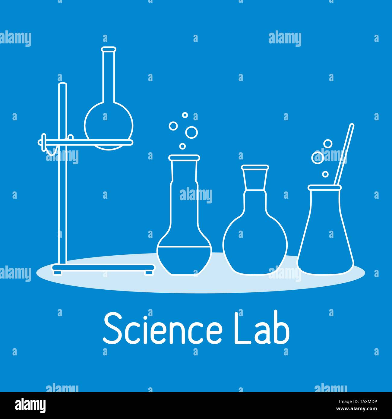 Vector science illustration with flasks, equipment stand. Laboratory ...