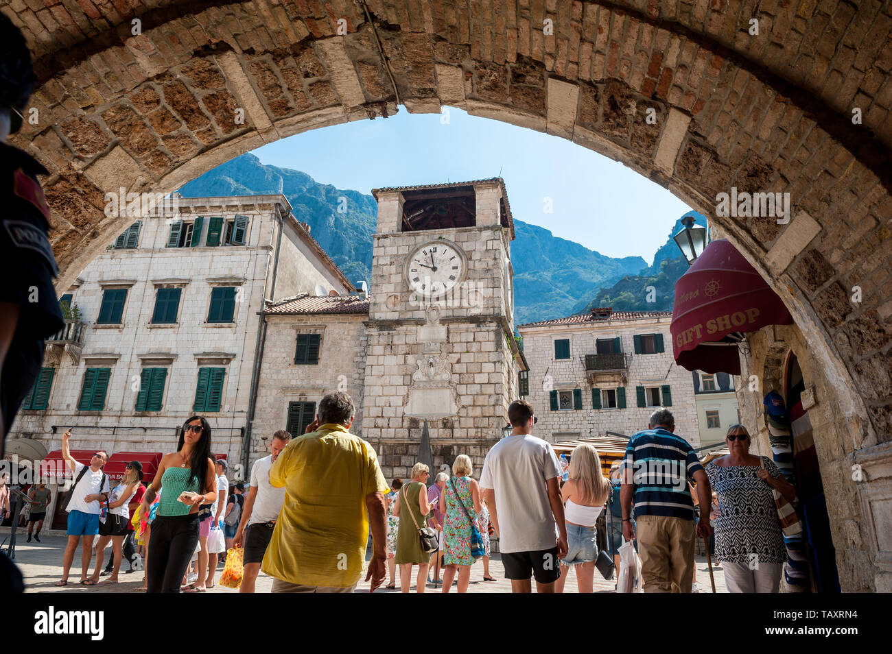 Clock tower on Trg od Oružja (The Arms Square) in the Old Town in Kotor ...