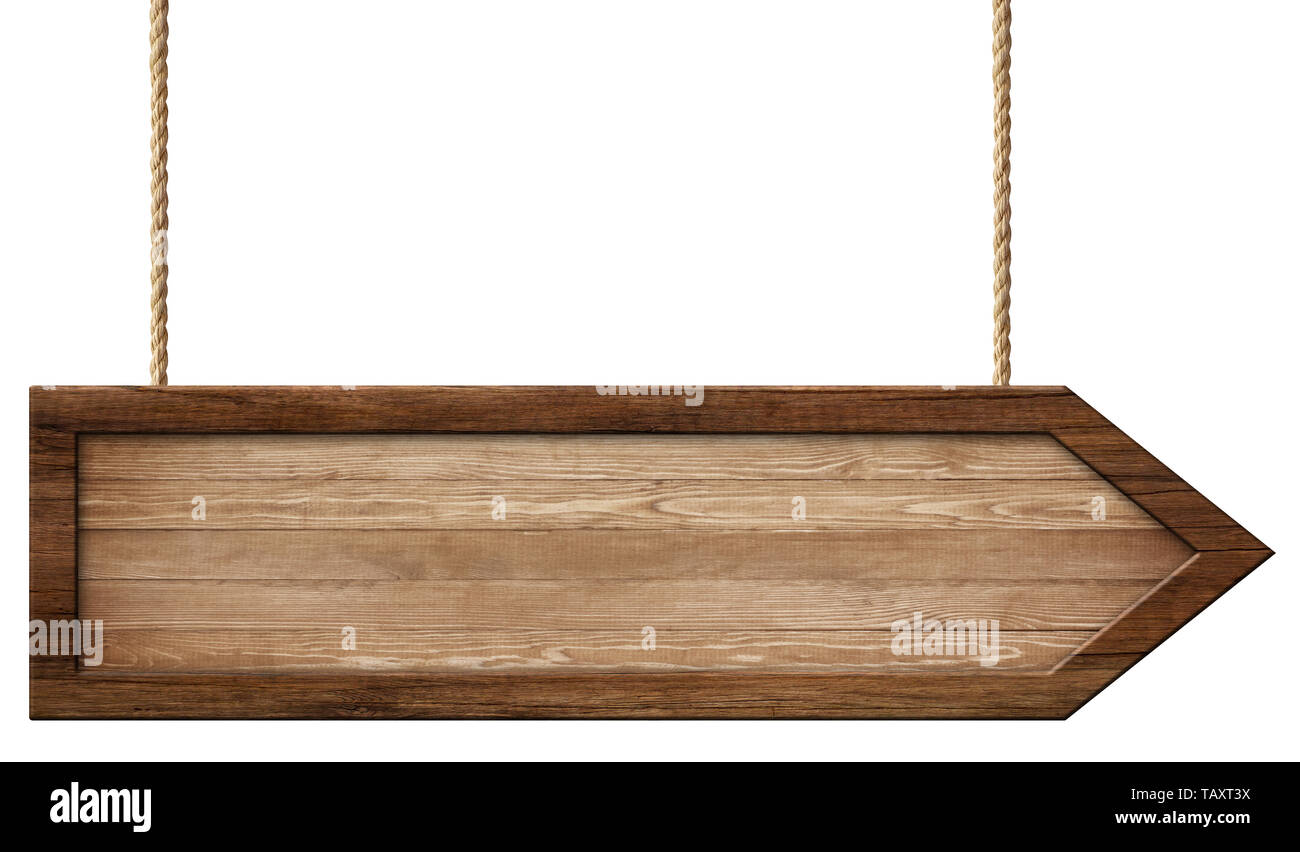 Simple wooden arrow signpost made of natural wood and with dark frame ...