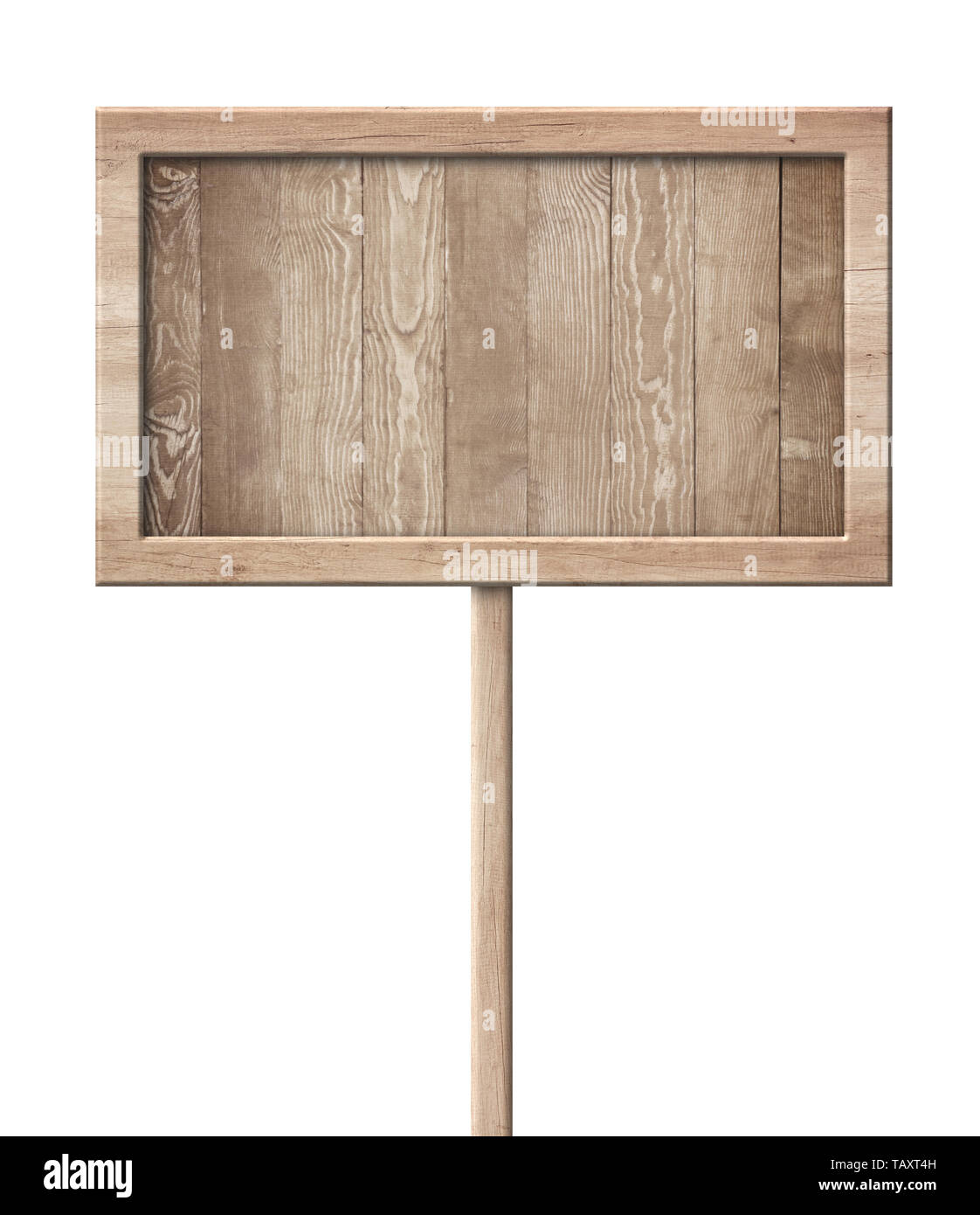 Simple wooden signpost made of natural wood with single pole and bright ...