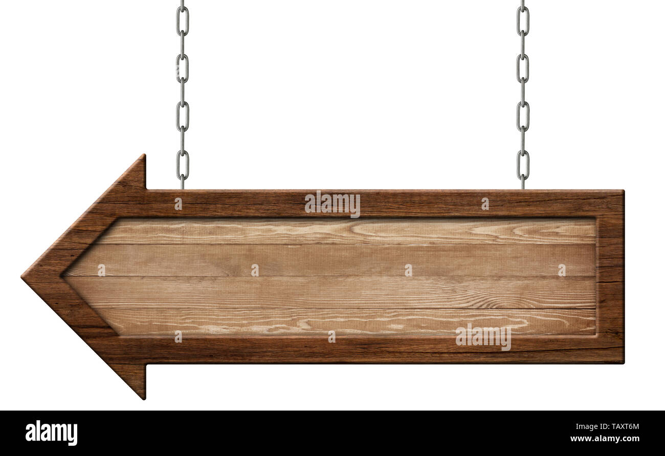 Wooden arrow signpost made of natural wood and with dark frame hanging ...