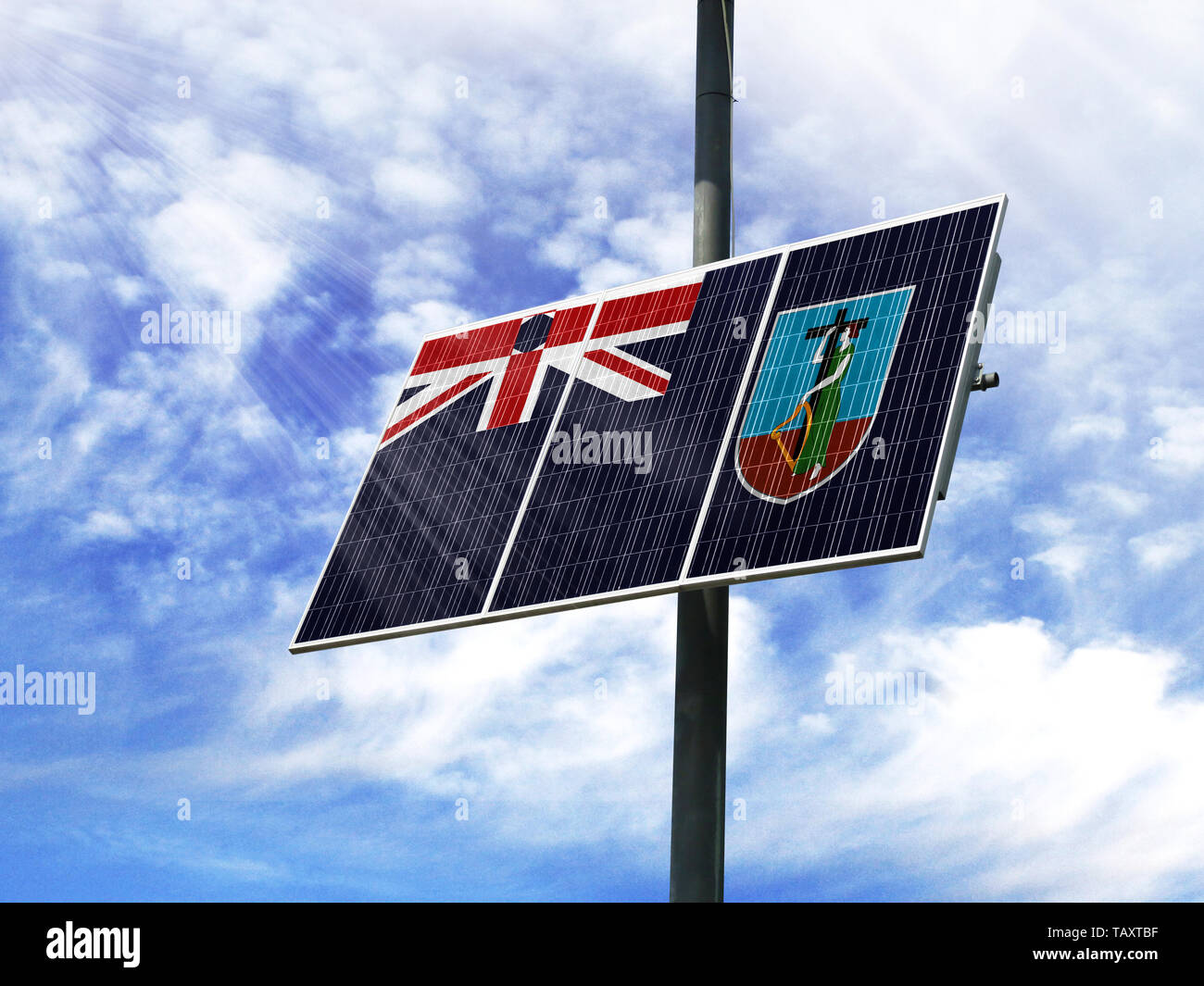 Solar panels against a blue sky with a picture of the flag of ...