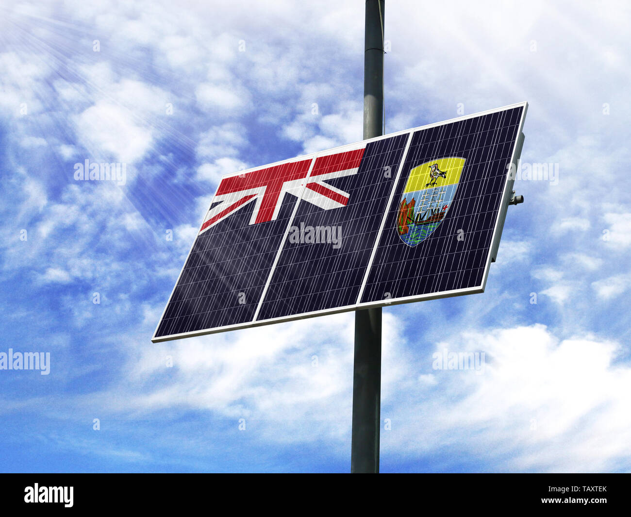 Solar panels against a blue sky with a picture of the flag of Saint ...