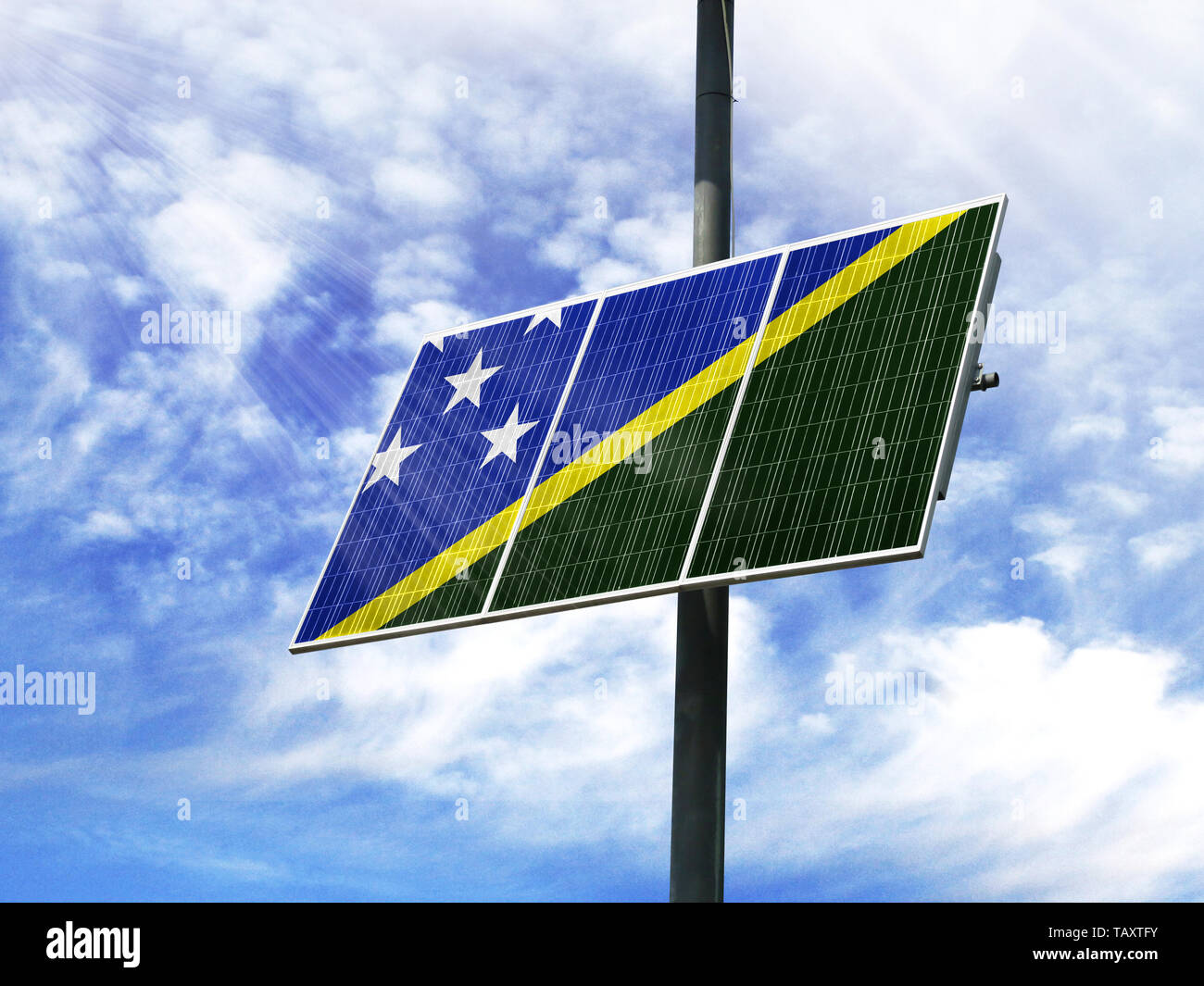 Solar panels against a blue sky with a picture of the flag of Solomon ...