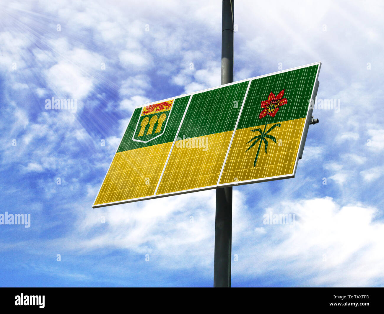 Solar panels against a blue sky with a picture of the flag of ...