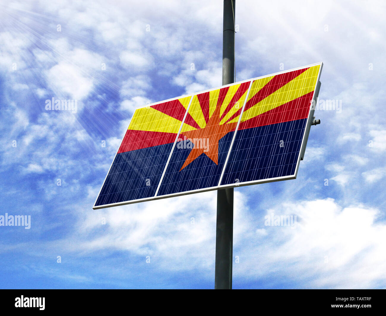 Solar panels against a blue sky with a picture of the flag State of ...