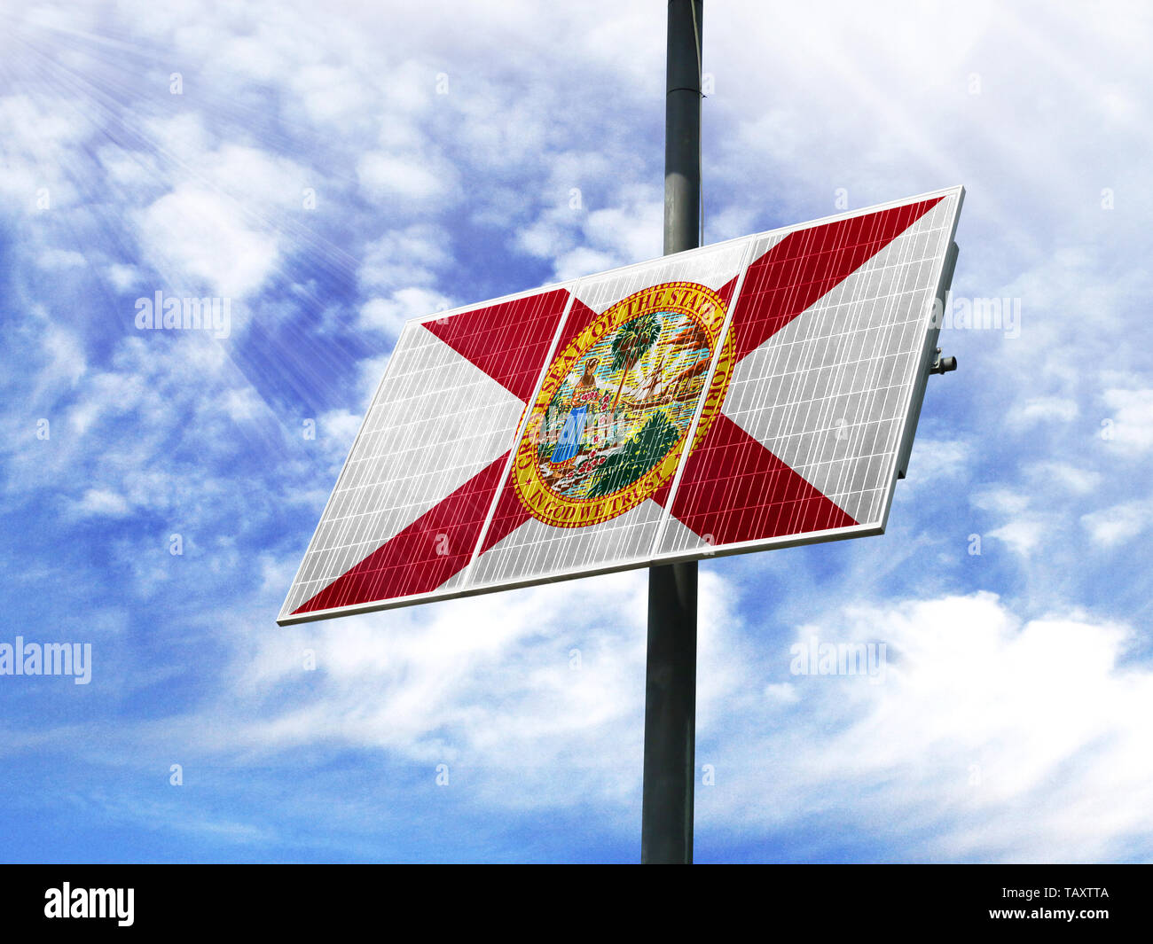 Solar panels against a blue sky with a picture of the flag State of ...