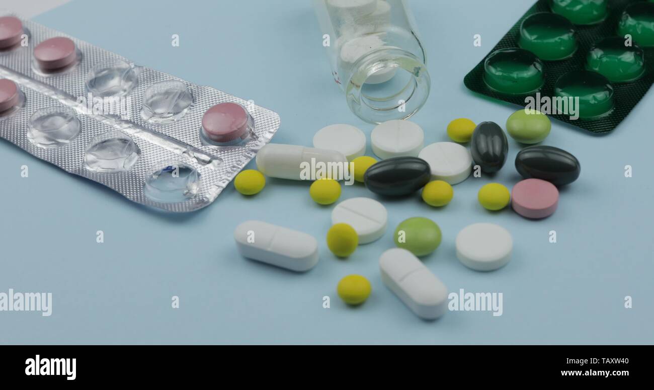 Many different pills and drugs. Medicine, pills and tablets with ...