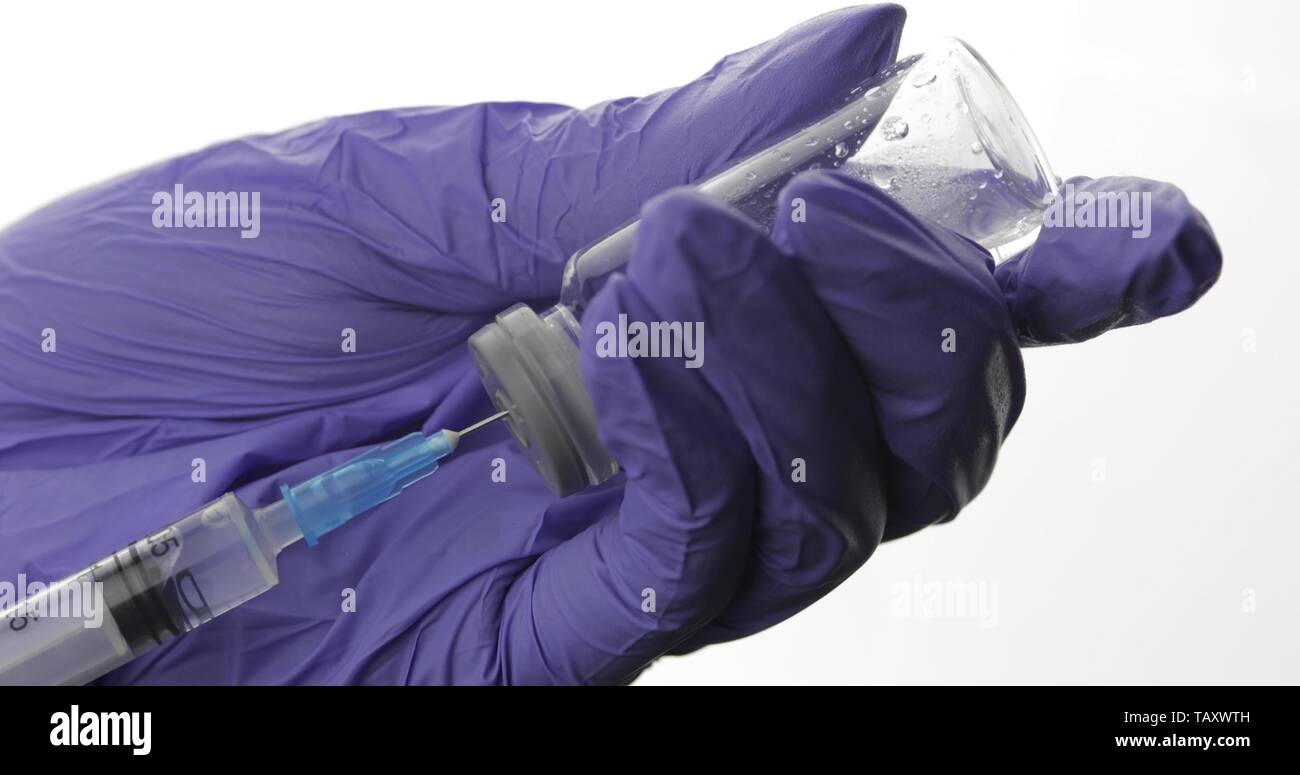 Filling syringe with mandatory vaccinations. Purple gloved doctor hands ...