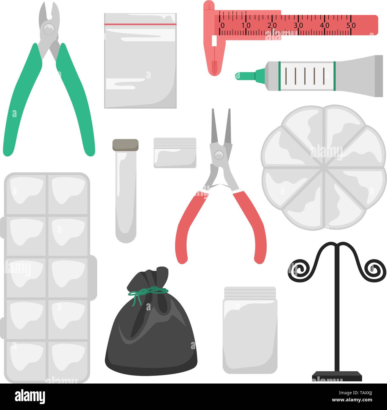 Set of tools and storage containers for handmade jewelry. Pliers, glue ...
