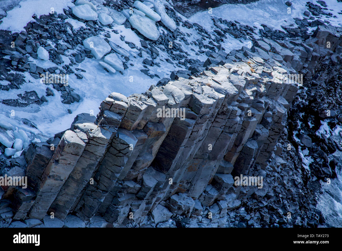 Basalt column formation in a canyon in winter with birds eye view Stock ...