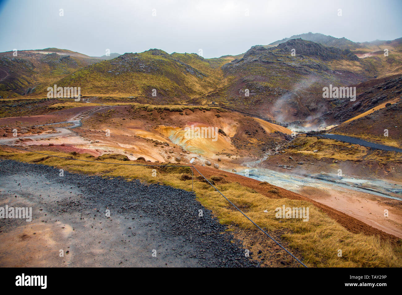 Geothermal area in Iceland near Reyjavik with colorful mineral rocks ...