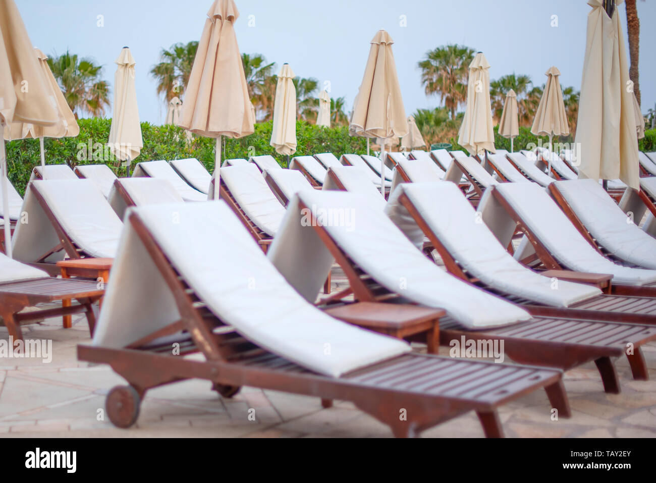 wooden sun beds and umbrellas Stock Photo - Alamy