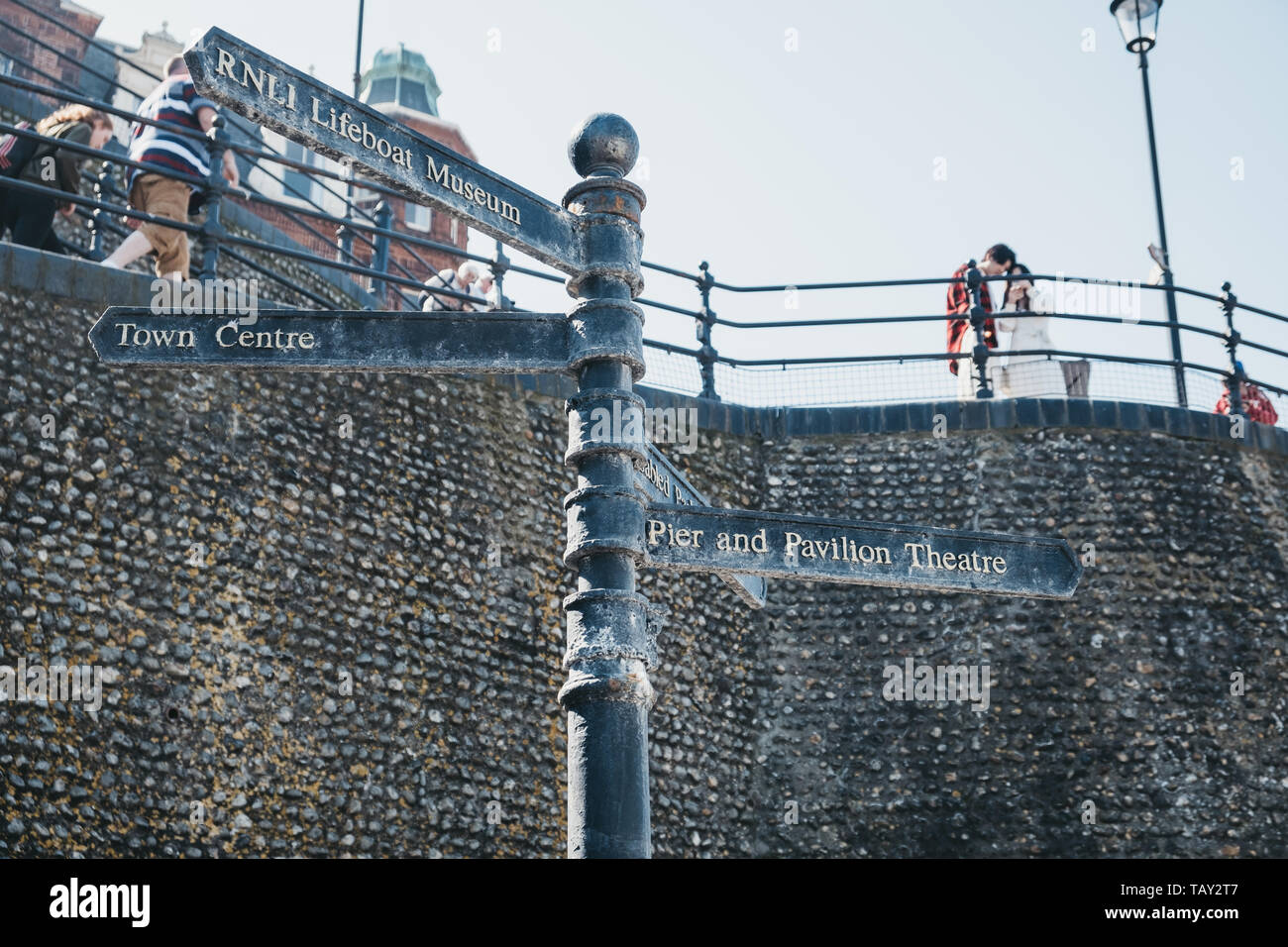Cromer, UK - April 20, 2019: Directional signs on a street in Cromer, a ...