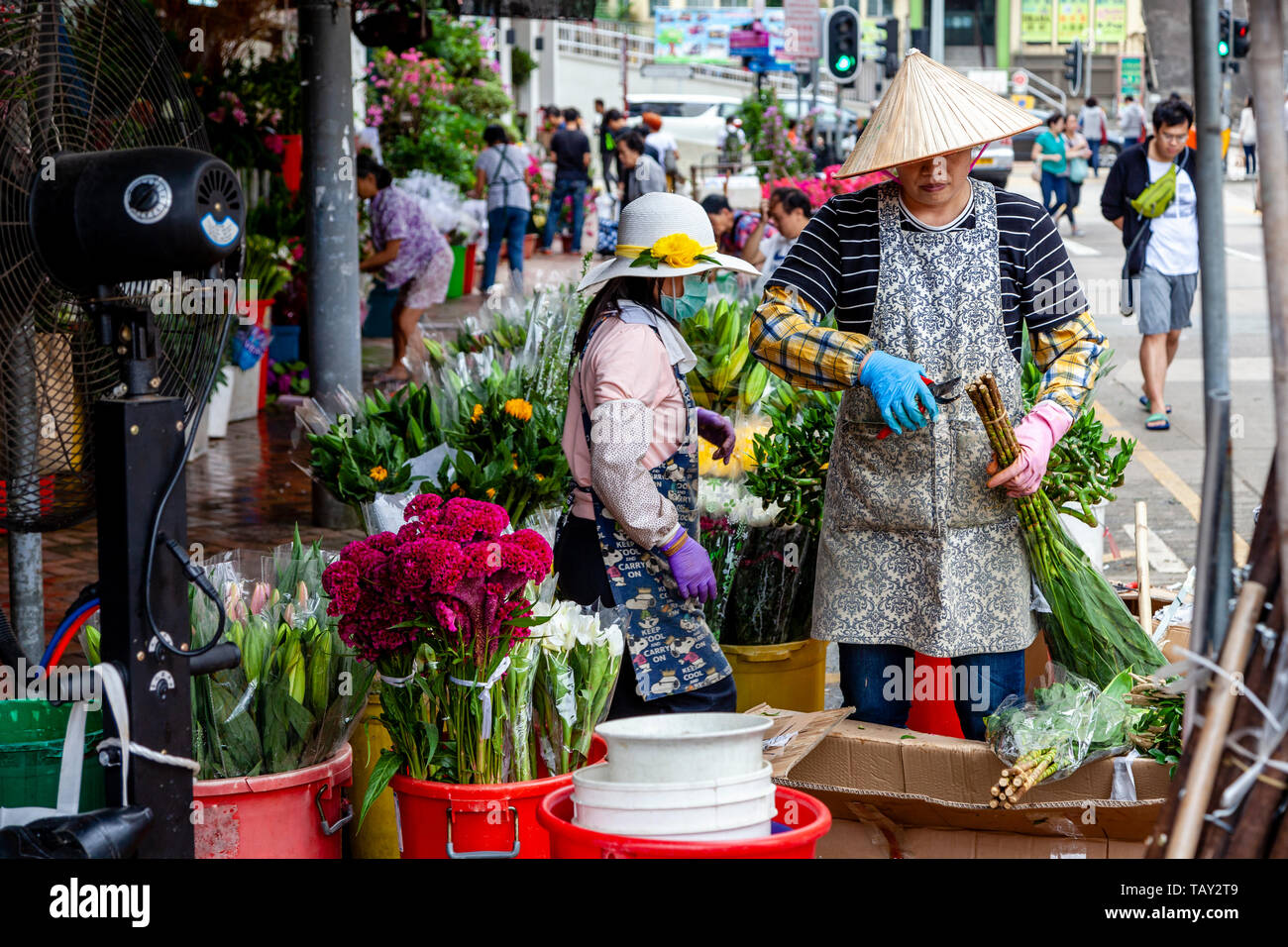 Local Female Workers Cutting Flowers At The Flower Market, Hong Kong ...