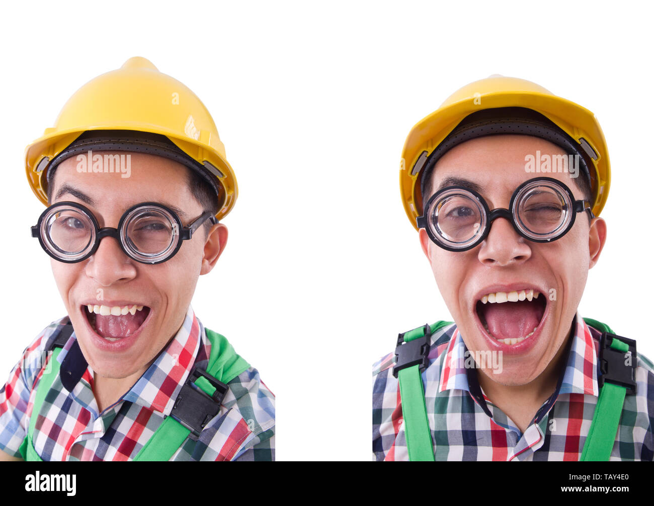 Funny construction worker isolated on white Stock Photo - Alamy