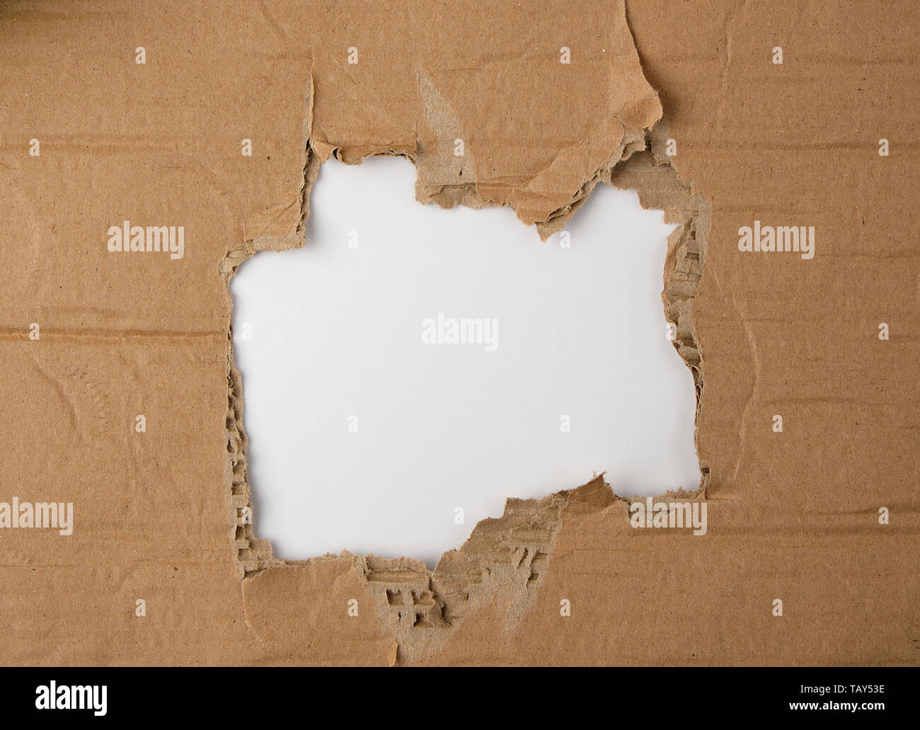 round torn hole in brown paper, white background, close up Stock Photo ...