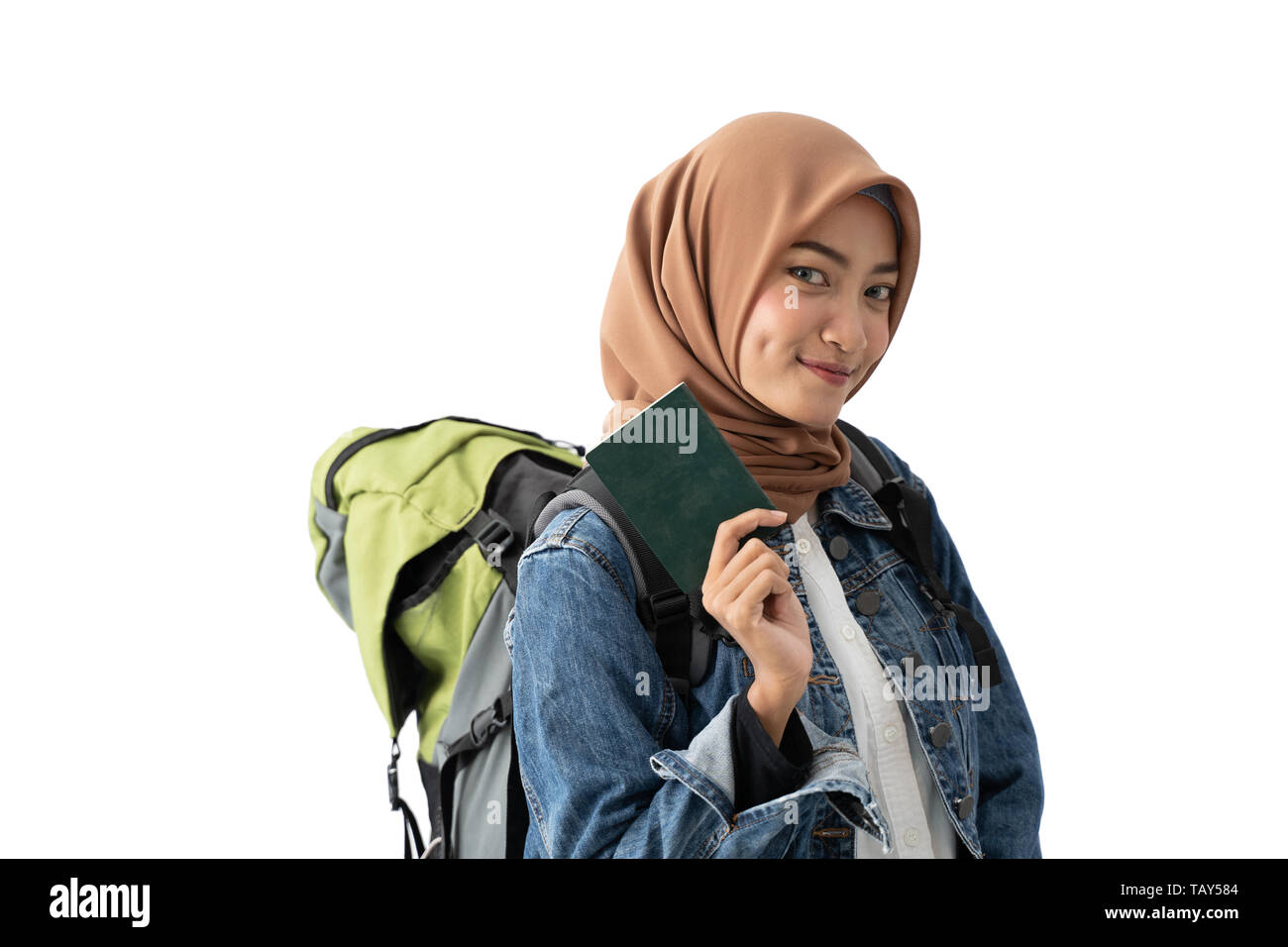 muslim woman backpacker holding passport isolated over white backpacker ...