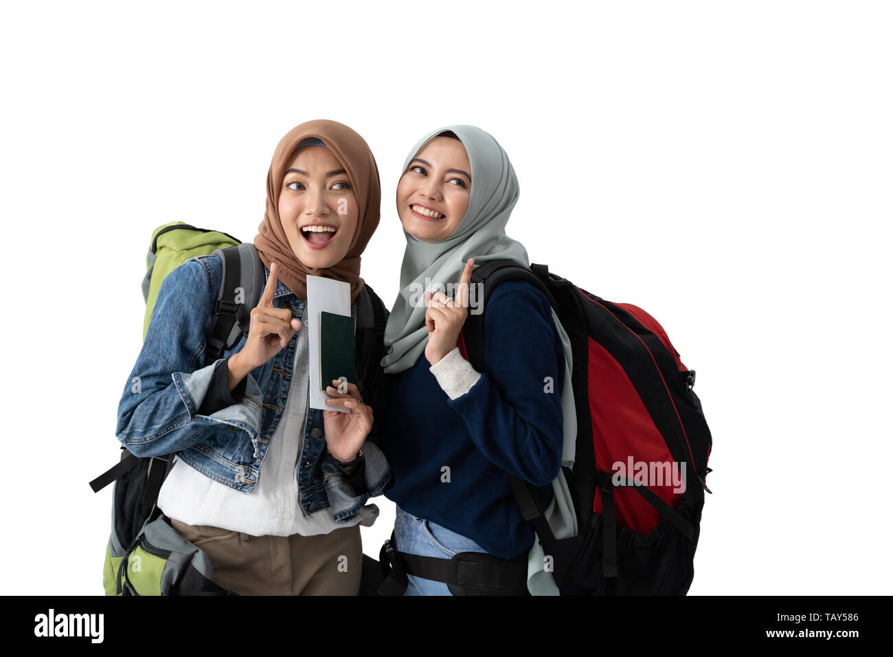 muslim woman backpacker holding passport isolated over white backpacker ...
