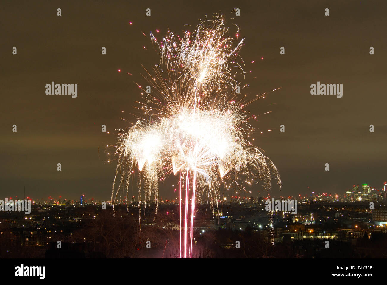 New Years Fireworks over London Skyline at Night in England UK Stock ...