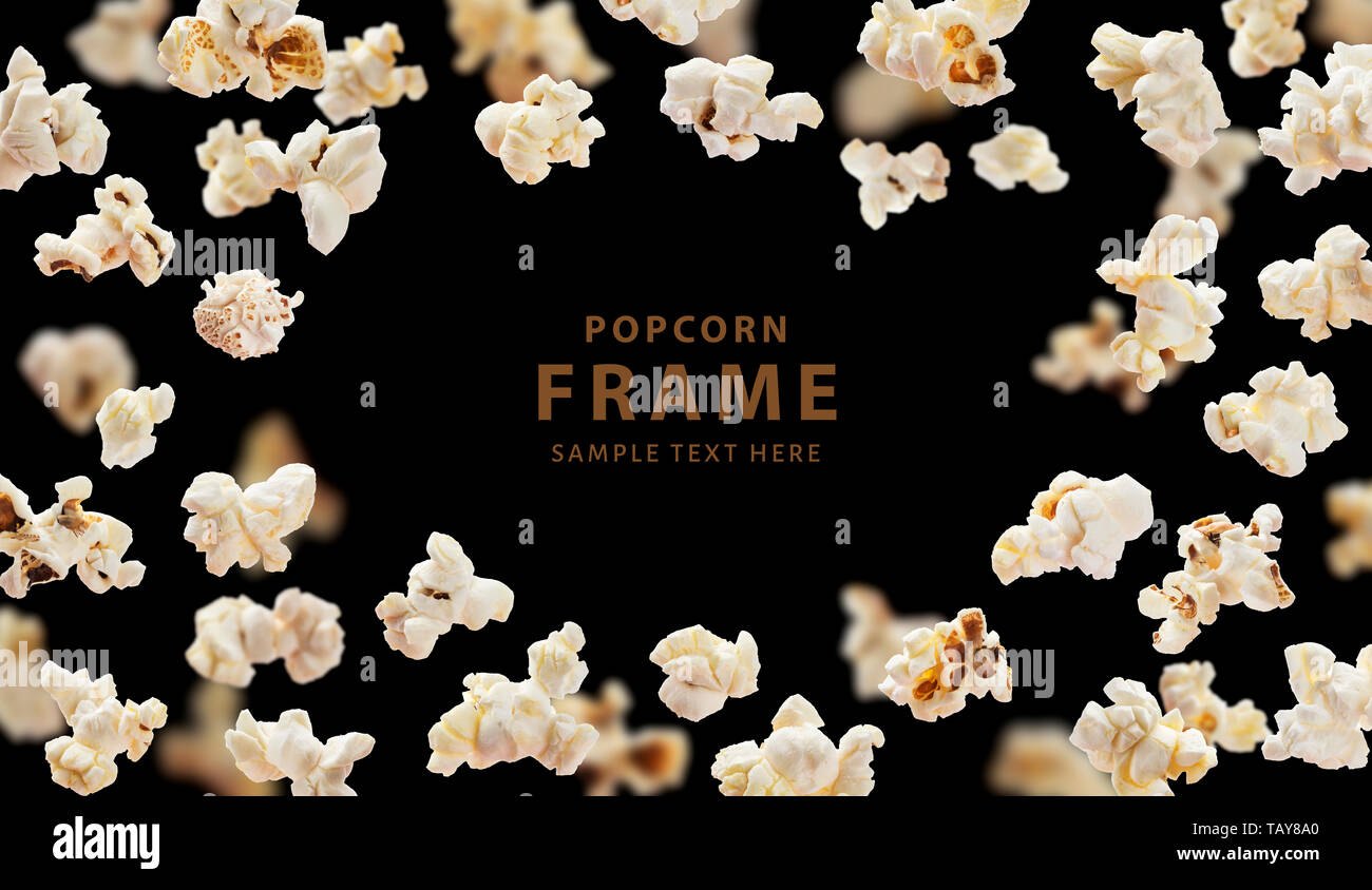 Popcorn frame with space for text, flying popcorn isolated on black ...