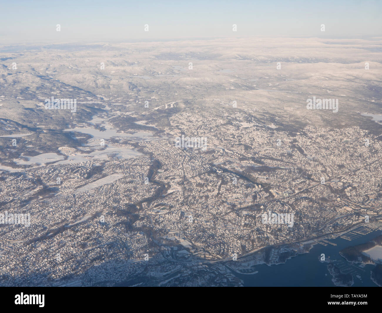 Aerial photo of parts of Eastern Norway on a sunny winters day, Baerum ...