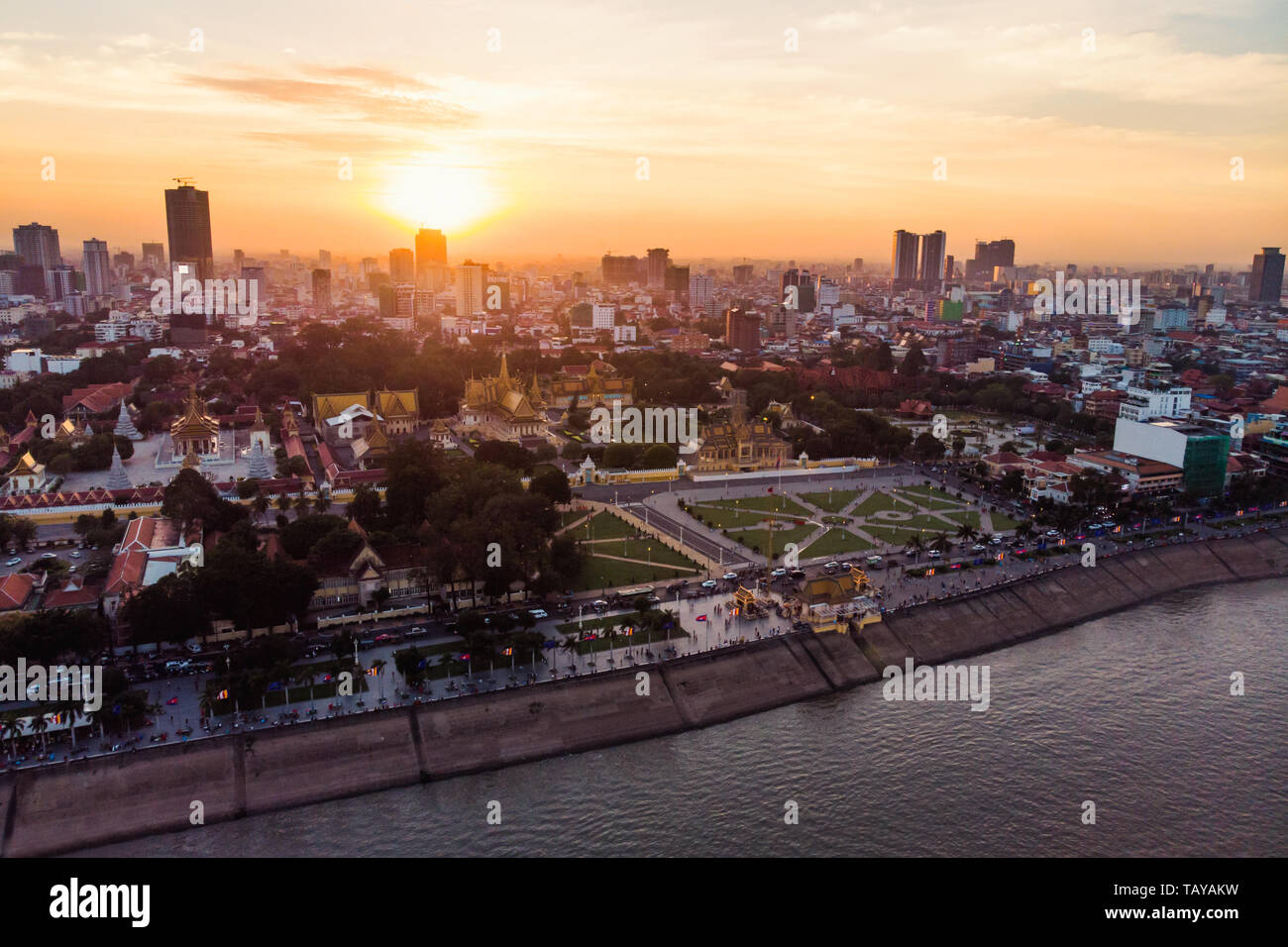 Top view of Cambodia's capital Phnom Penh during the evening sunset ...
