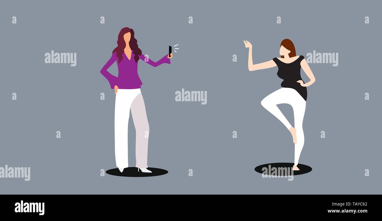 woman using smartphone camera girl taking photo of young attractive ...