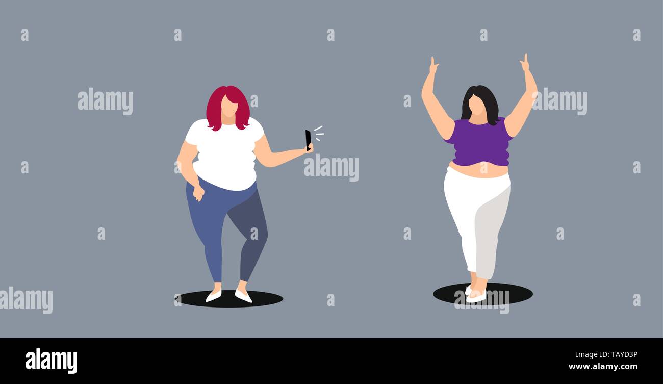fat woman using smartphone camera girl taking photo of young overweight ...