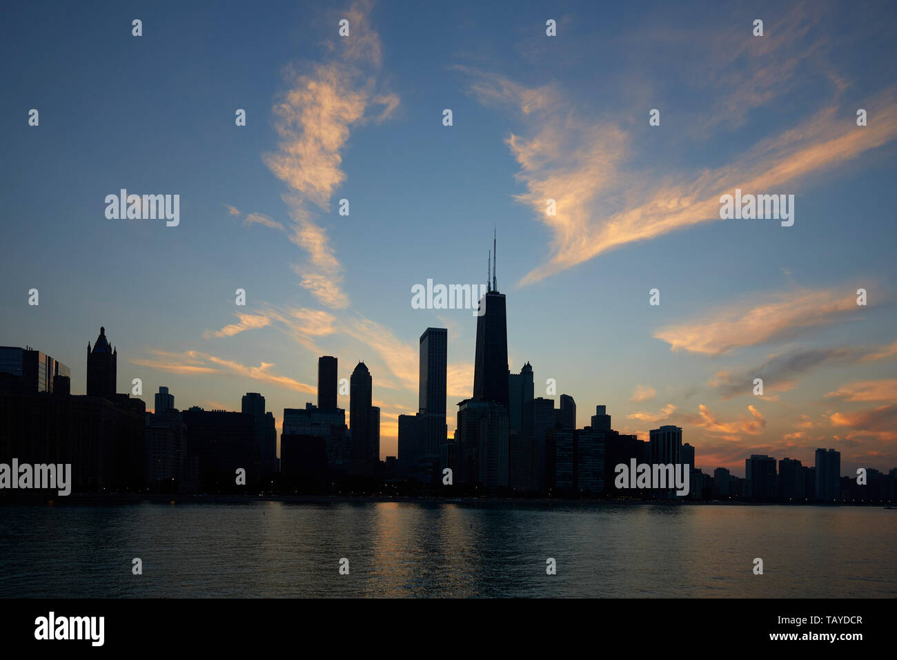 Chicago Skyline at sunset, Chicago, Illinois, United States Stock Photo ...