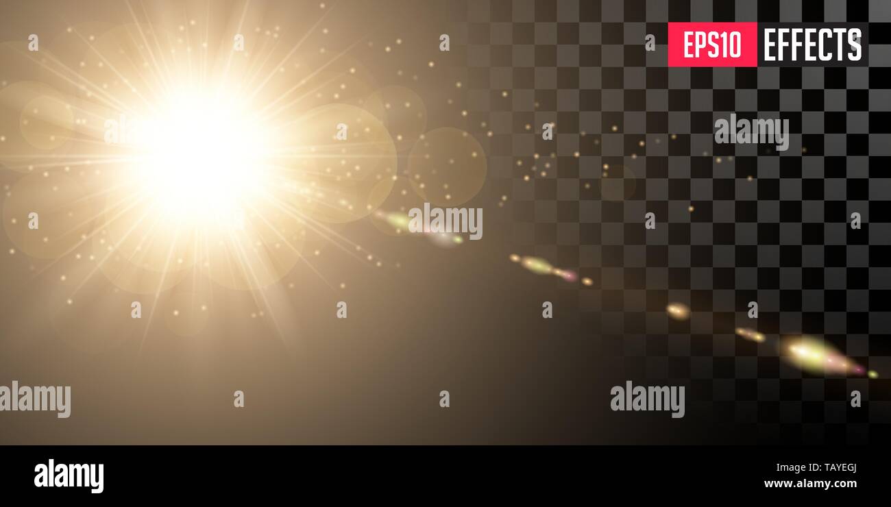 Golden Shining Sun with Transparent Rays and Lenses Refraction. Gold ...