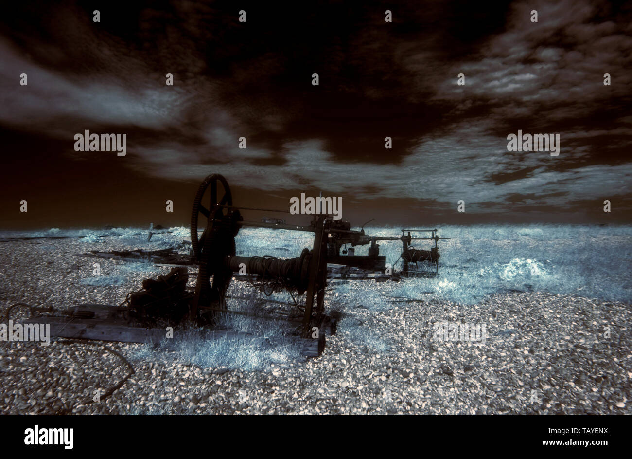 infrared image - rope winch - shingle beach - dungeness - romney marsh ...