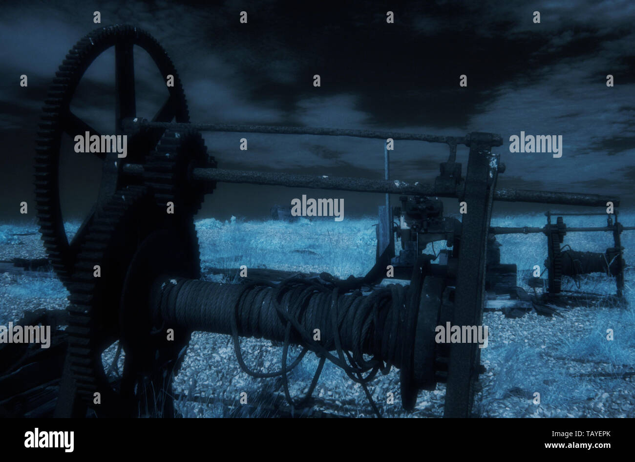infrared image - rope winch - shingle beach - dungeness - romney marsh ...