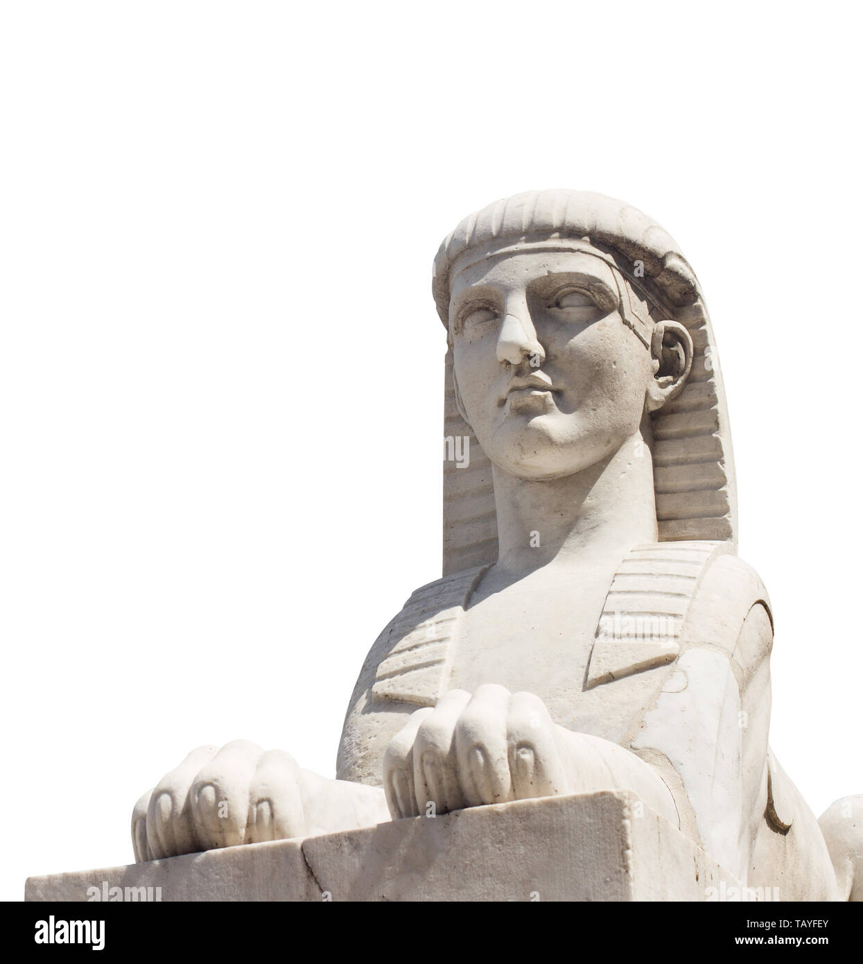 front view closeup of white marble sphynx stone statue isolated on ...