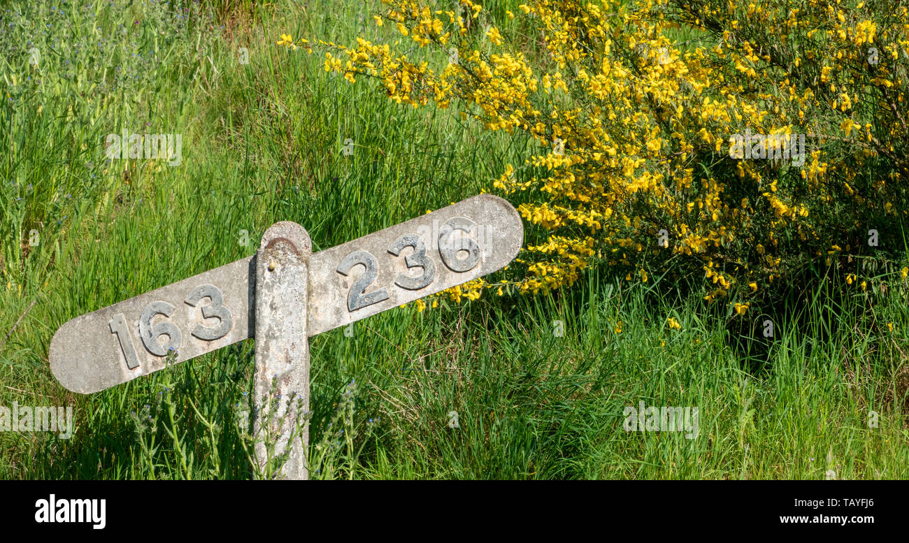 A concrete and metal gradient sign beside a railway line against a ...