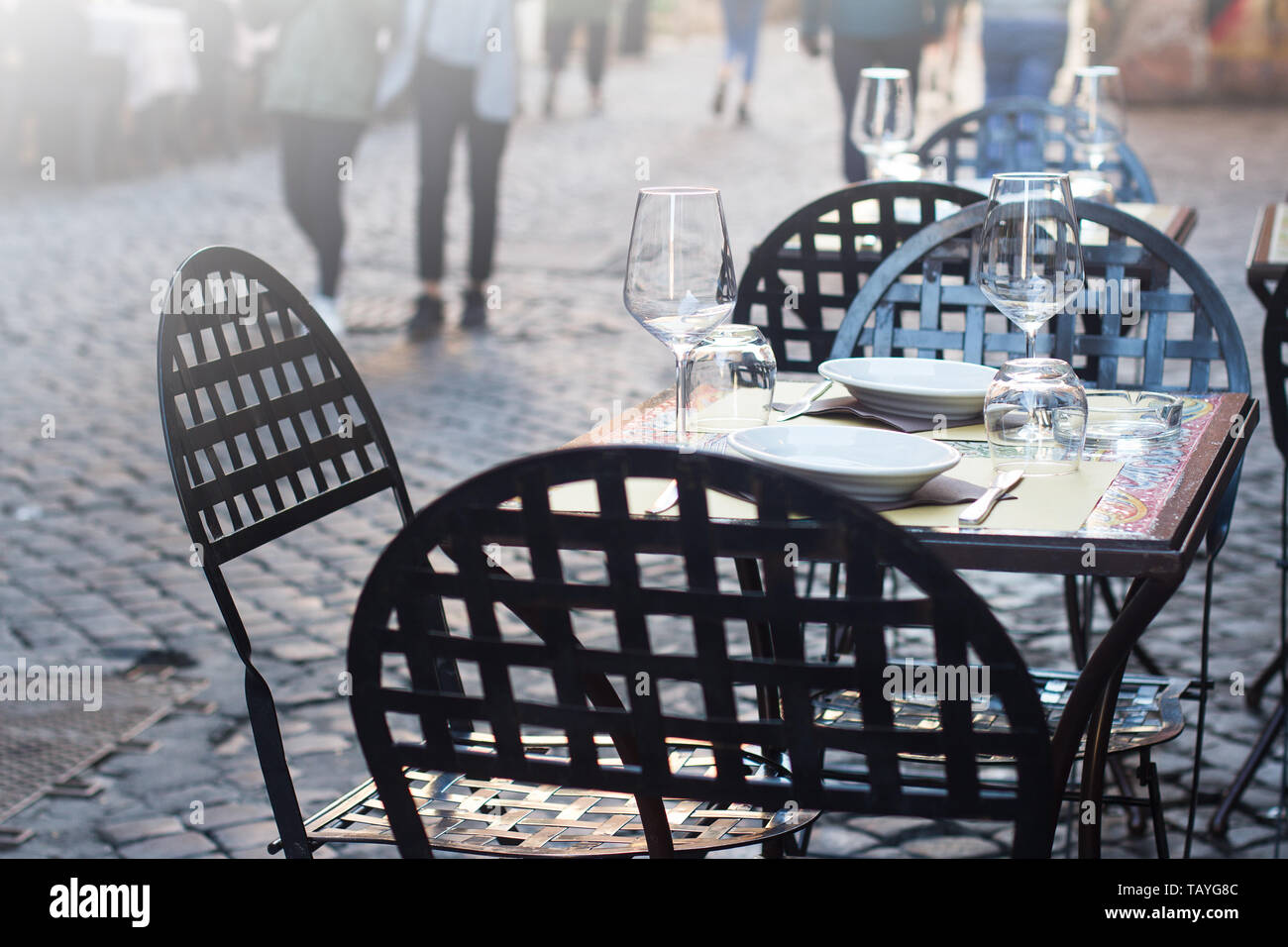 perspective view closeup of traditional Italian street restaurant ...