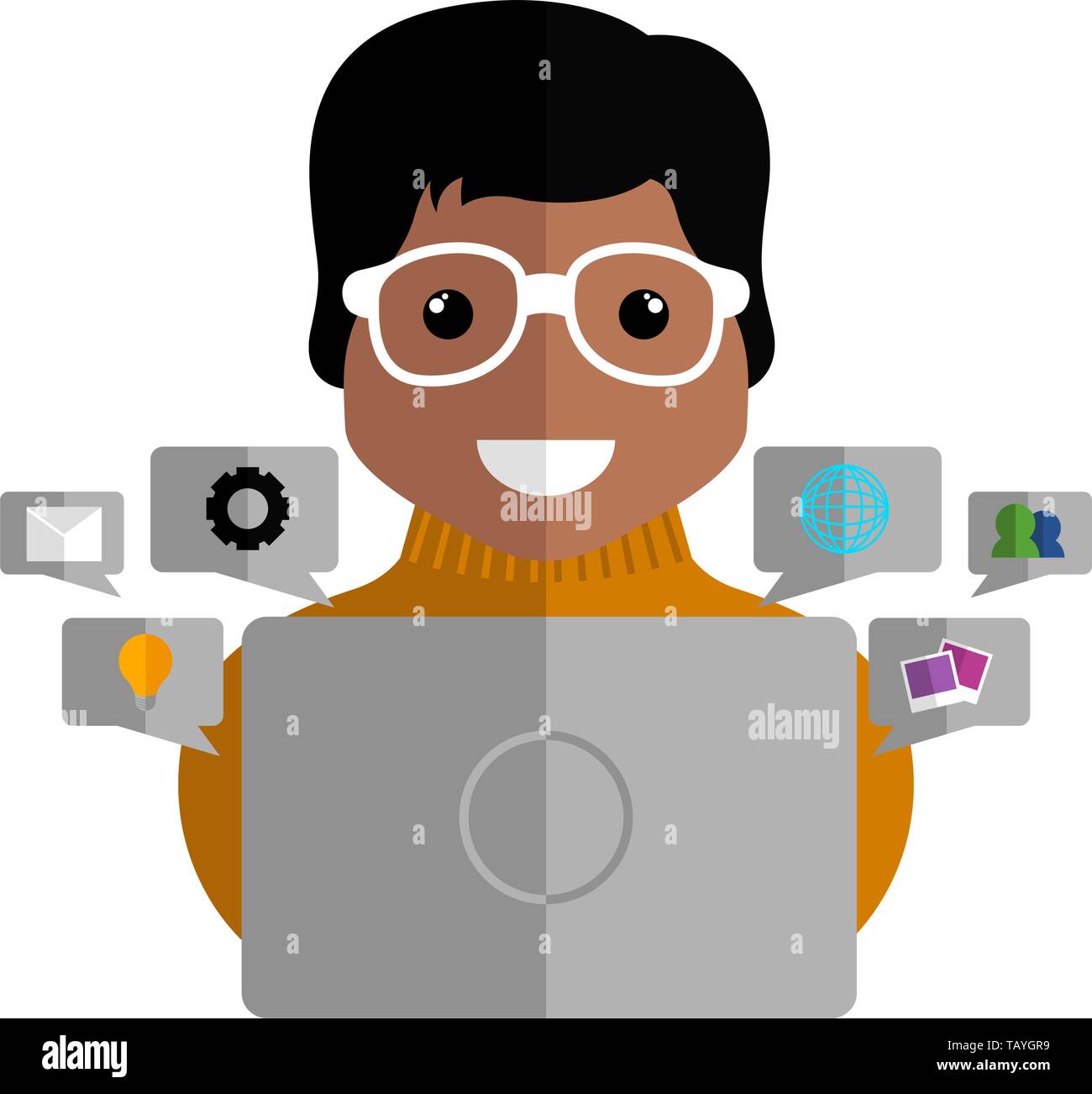 Community manager with a laptop and social media icons - Vector Stock ...