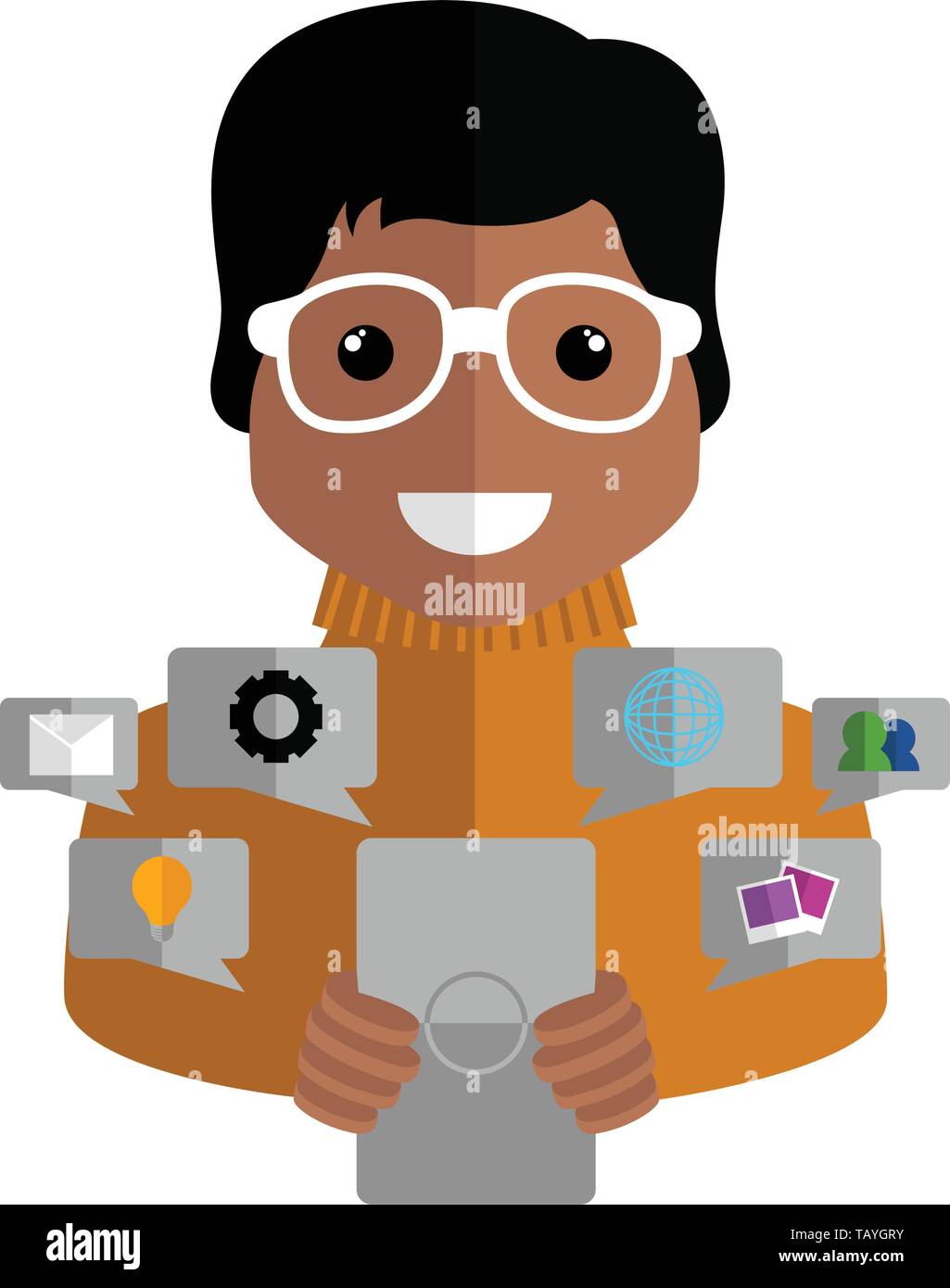 Community manager with a smartphone and social media icons - Vector ...