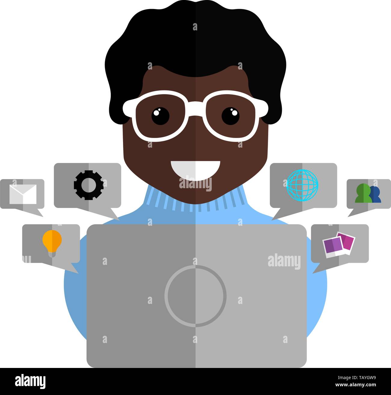 Community manager with a laptop and social media icons - Vector Stock ...