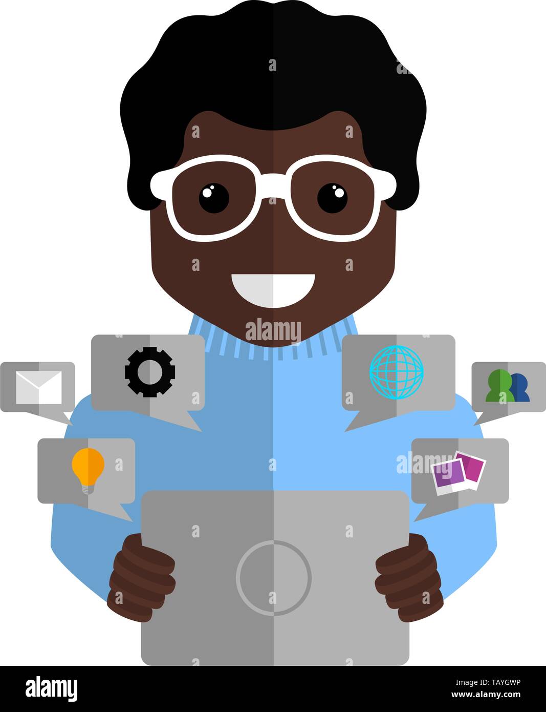 Community manager with a tablet and social media icons - Vector Stock ...