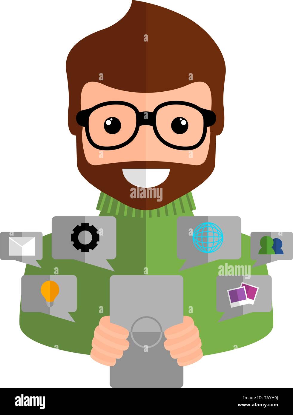 Community manager with a smartphone and social media icons - Vector ...