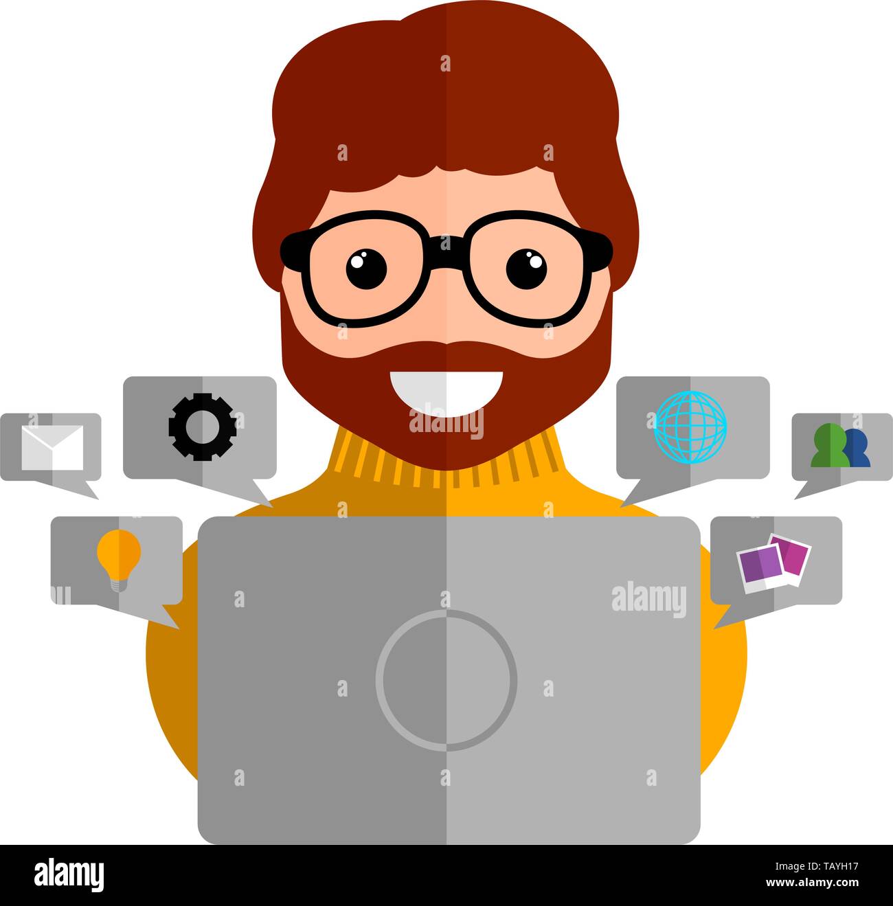 Community manager with a laptop and social media icons - Vector Stock ...
